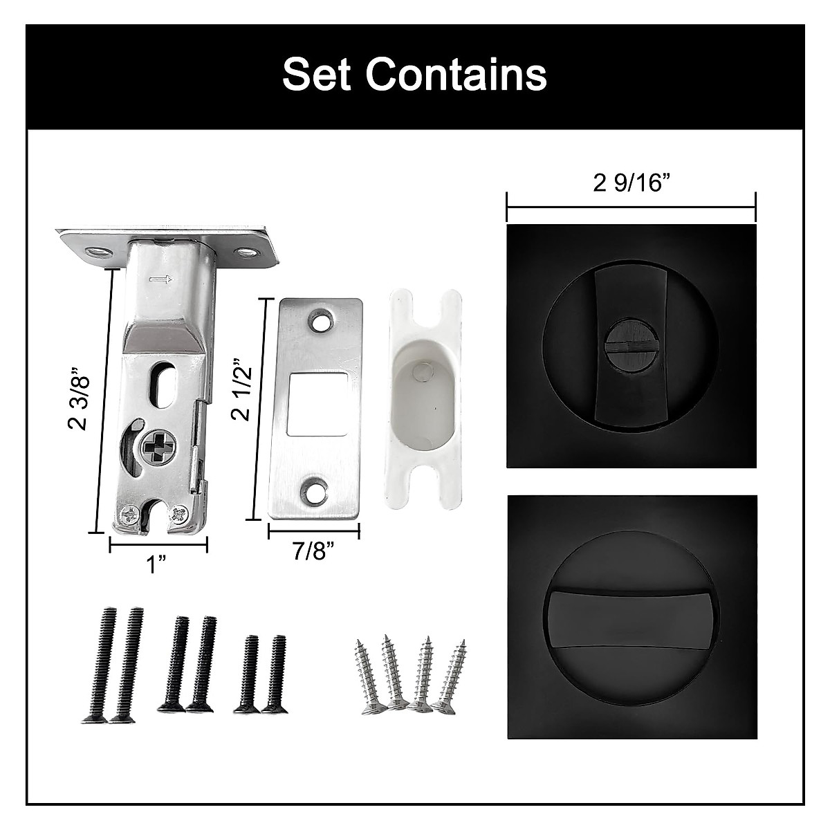 Pocket Door Lock,Privacy Door Hardware Suitable for Bathroom Bedroom etc Recessed 2 Sided, 2 3/8" Backset, Invisible Hardware for 1 3/8” to 2 3/16” Thickness Door (Black-Privacy)