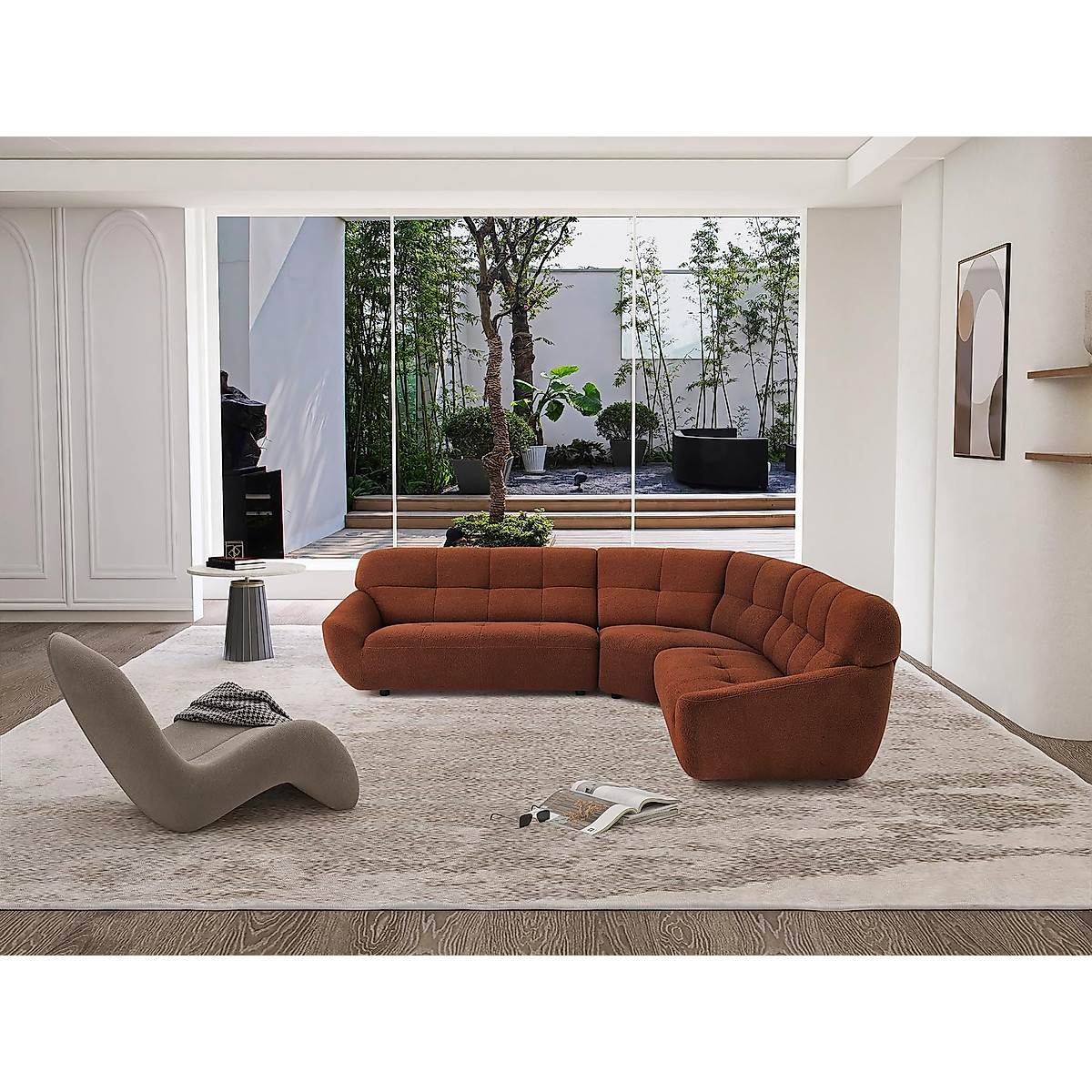 113'' Modular Sectional Sofa, Sherpa Lamb Fabric Original Design L Shaped Couch, 5 Seat Modern Corner Sofa with 3 Pillow for Living Room, Villa, Office (113''-Dark Orange)
