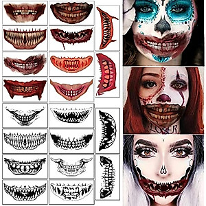 20Pcs Halloween Prank Makeup Temporary Tattoo Clown Horror Mouth Tattoo Stickers Scary Big Mouth Masquerade Prank Props Fake Tattoos for Halloween Cosplay Party
