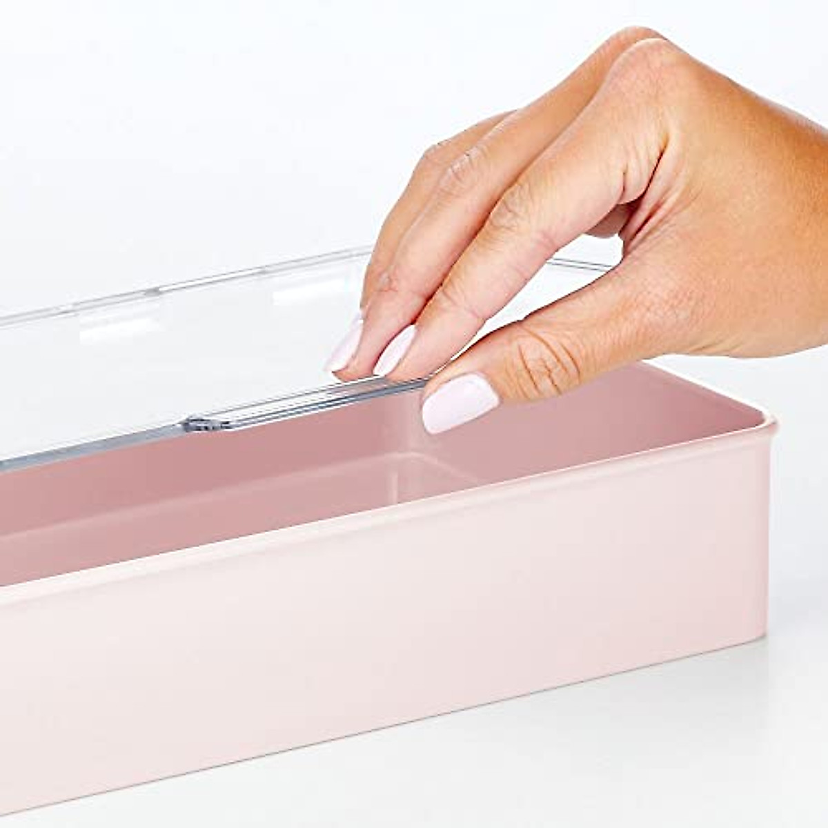 mDesign Plastic Storage Stackable Durable Container Bin Organizer Box with Lid - for Organizing Kitchen, Pantry, Bathroom, Bedroom - Holds Food, Snacks, Makeup - Light Pink/Blush/Clear