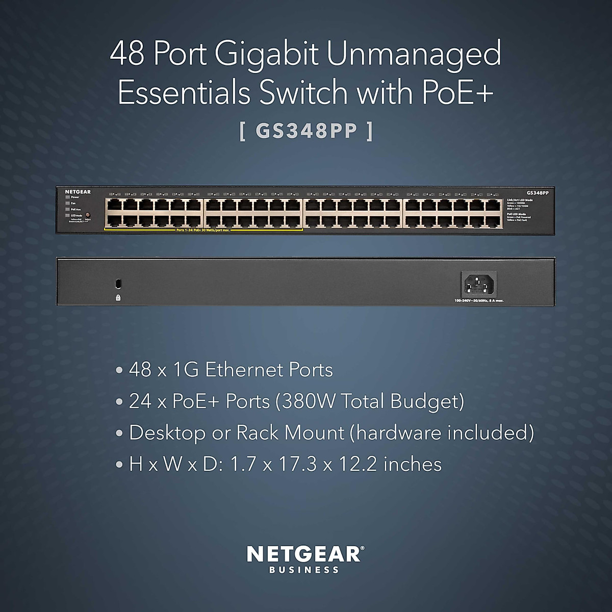 NETGEAR 48-Port Gigabit Ethernet Unmanaged Essentials PoE+ Switch (GS348PP) - with 24 x PoE+ @ 380W, Desktop or Rackmount
