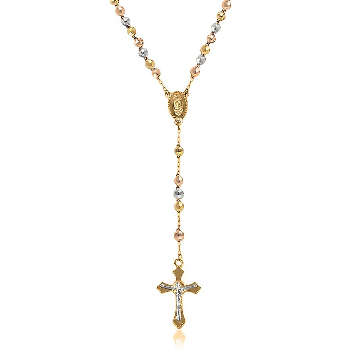 Savlano 14K Gold Plated Beaded Rosary Cross Necklace – 6.5MM Crucifix Cross Medallion Rosary Chain Y-Necklace for Women & Men Religious Jewelry Comes in Gold, Gold-Rose-Silver with a Gift Box (Tricolor)