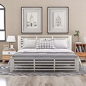 Merax King Size Bed Frame, Wood Platform Bed with Headboard and Footboard, King Bed Frame with Slat,No Box Spring Needed, White