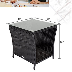 JSUN7 Outdoor Wicker Side Table - Outdoor Side Tables for Patio, Square Patio Bistro Table, Outdoor End Tables with Storage and Glass Top, Outdoor Furniture for Courtyard, Balcony, Black