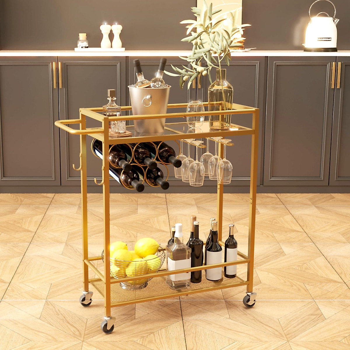 Bar Cart, 2-Tier Kitchen Cart with Wine Rack and Glass Holder, Gold Serving Cart with Wine Rack and Glass Holder, Rolling Serving Cart for Kitchen, Dining Room, Club, Bar, Living Room, Party, Gold
