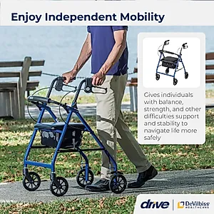 Drive Medical Aluminum Rollator Walker Fold Up and Removable Back Support, Padded Seat, 6" Wheels, Blue,R726BL