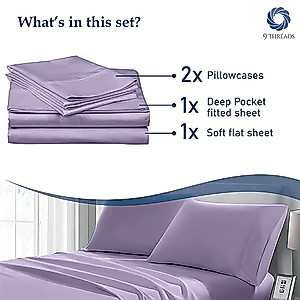 9Threads 400 Thread Count 100% Cotton Sateen Bed Sheets Deep Pocket, Cotton Bedsheets Crisp Cool and Strong Bed Linen (Light Purple, Queen (U.S. Standard))