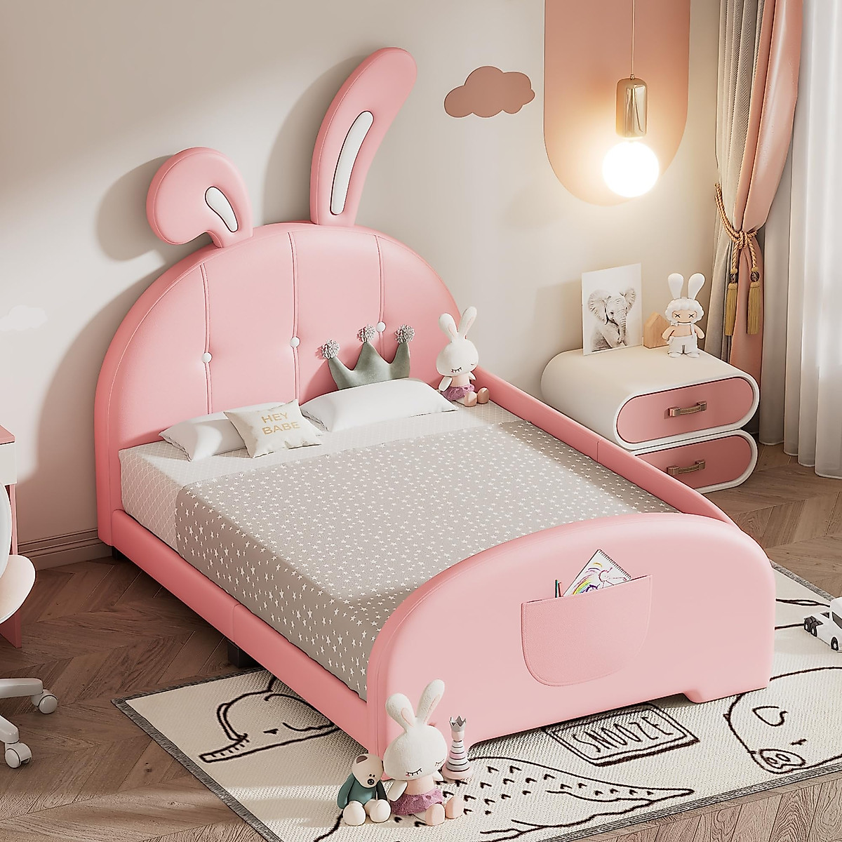 Bellemave Twin Size Upholstered Platform Bed with Bunny-Shaped Headboard, Pink Princess Bed for Girls, Low Daybed Frame with Side Rail for Kids Teens, Faux Leather