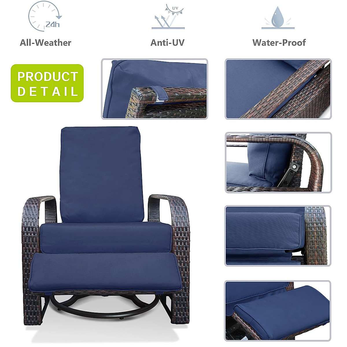 Skypatio Outdoor 360° Swivel Rattan Recliner Chair, Adjustable Backrest Patio Wicker Recliner Lounge Chair with Comfortable Cushions, All-Weather Resin Rattan & Aluminum Frame(Navy Blue)