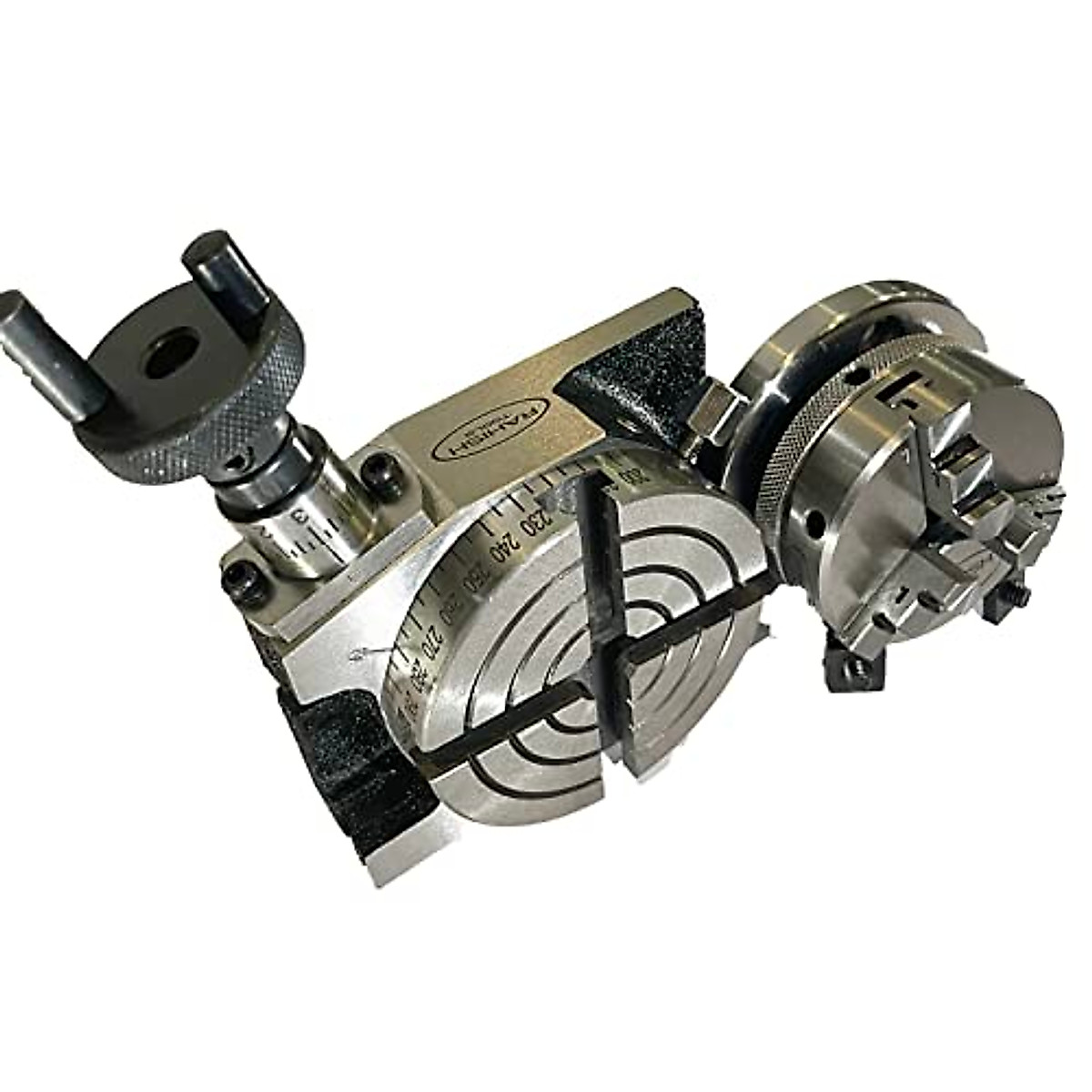 3" inches (75mm) 4 slots Horizontal and Vertical (H/V) Rotary Table with 65mm 3 Jaws Self Centering Chuck with Back Plate and T-nuts for Milling Engineering Tools