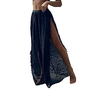 SheIn Women's Summer Beach Pants High Waisted Swimsuit Cover Up Pants Pom Pom Tassel Bikini Bottom Long Pants Medium Black