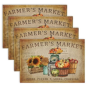 AnyDesign Vintage Fall Harvest Placemats Autumn Pumpkin Sunflower Farmer's Market Table Mats Washable Table Placemats Dinner Mats for Thanksgiving Home Farmhouse Kitchen Decor, 4Pcs, 12 x 18 Inch