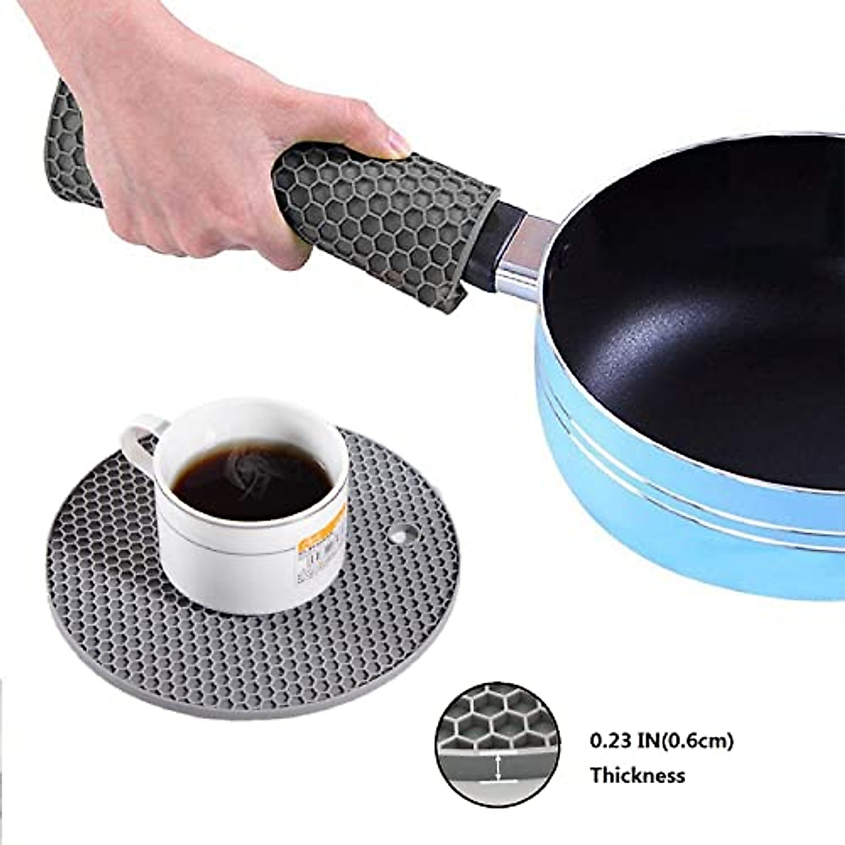 Silicone Trivet Mats, Pot Pads Silicone Pot Holders for Hot Pan Heat Resistant and Anti Slip, Easy to wash and Dry, 8 Pack Black & Gray(4 Squared + 4 Round Mats)