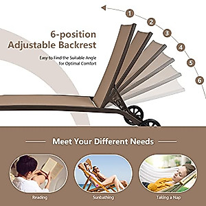 Giantex Patio Lounge Chairs for Pool Area, Outdoor Chaise Lounger with 6 Adjustable Position Smooth Wheels and Quick-Drying Fabric, Lawn Recliner for Backyard, Garden Sunbathing Chair (1, Brown)