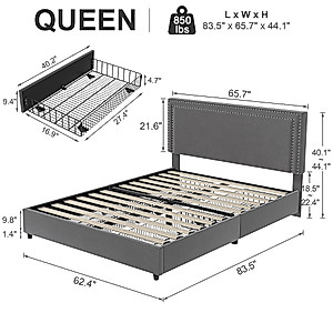 VECELO Queen Size Upholstered Platform Bed Frame with 4 Storage Drawers, Adjustable Velvet Rivets Headboard, Wooden Slats Support, No Box Spring Needed, Easy Assembly