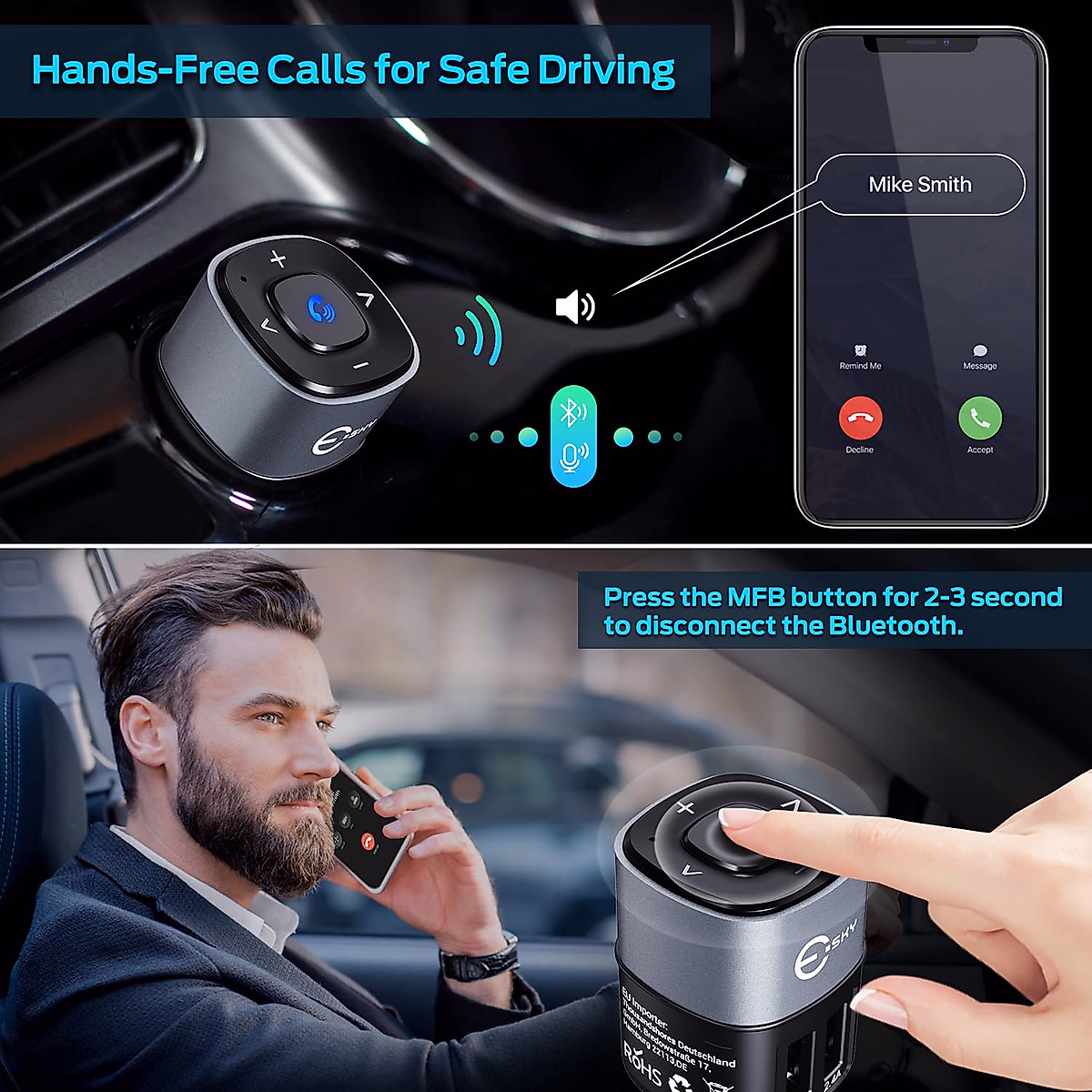 Esky Bluetooth Receiver for Car, 3.5mm Aux Bluetooth Car Adapter, Bluetooth 5.1 Wireless Car Audio Stereo Kits with Hands-Free Call, Dual USB Ports Car Charger