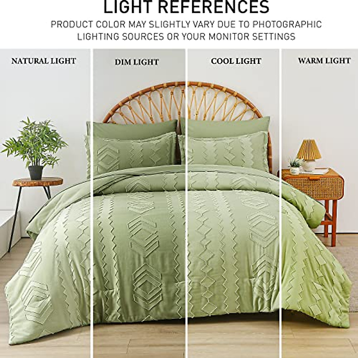 WURUIBO King Size Comforter Set,7 Piece Bed in a Bag Green Tufted Comforter and Sheet Set,Soft Microfiber Boho Bedding Comforter Set for All Season(Green,King)