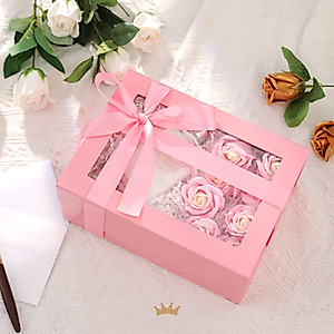 PACKQUEEN Pink Gift Box with Window, 9x6.5x3.8 Inches, Valentine's Day Clear Gift Box for Present Contains Ribbon, Card, Bridesmaid Proposal Box, Gift Box with Magnetic Lid (Glossy Pink)