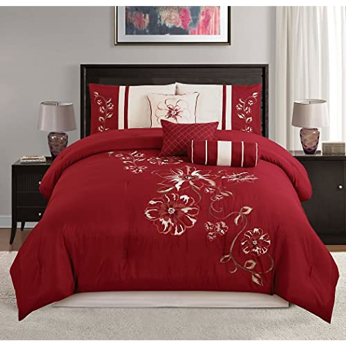 Chezmoi Collection Miranda 7-Piece Red Beige Floral Hibiscus Embroidery Comforter Set, California King