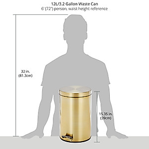 mDesign Tall 3.2 Gallon/12 Liter Round Metal Step Trash Can Wastebasket, Garbage Container Bin fo Kitchen, Bathroom, Home - Removable Liner Bucket - Soft Brass
