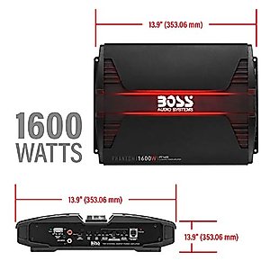 BOSS Audio Systems PT1600 Phantom Series Car Stereo Amplifier – 1600 High Output, 2 Channel, Class A/B, 2/4 Ohm, High/Low Level Inputs, High/Low Pass Crossover, Full Range, Mosfet, Bridgeable