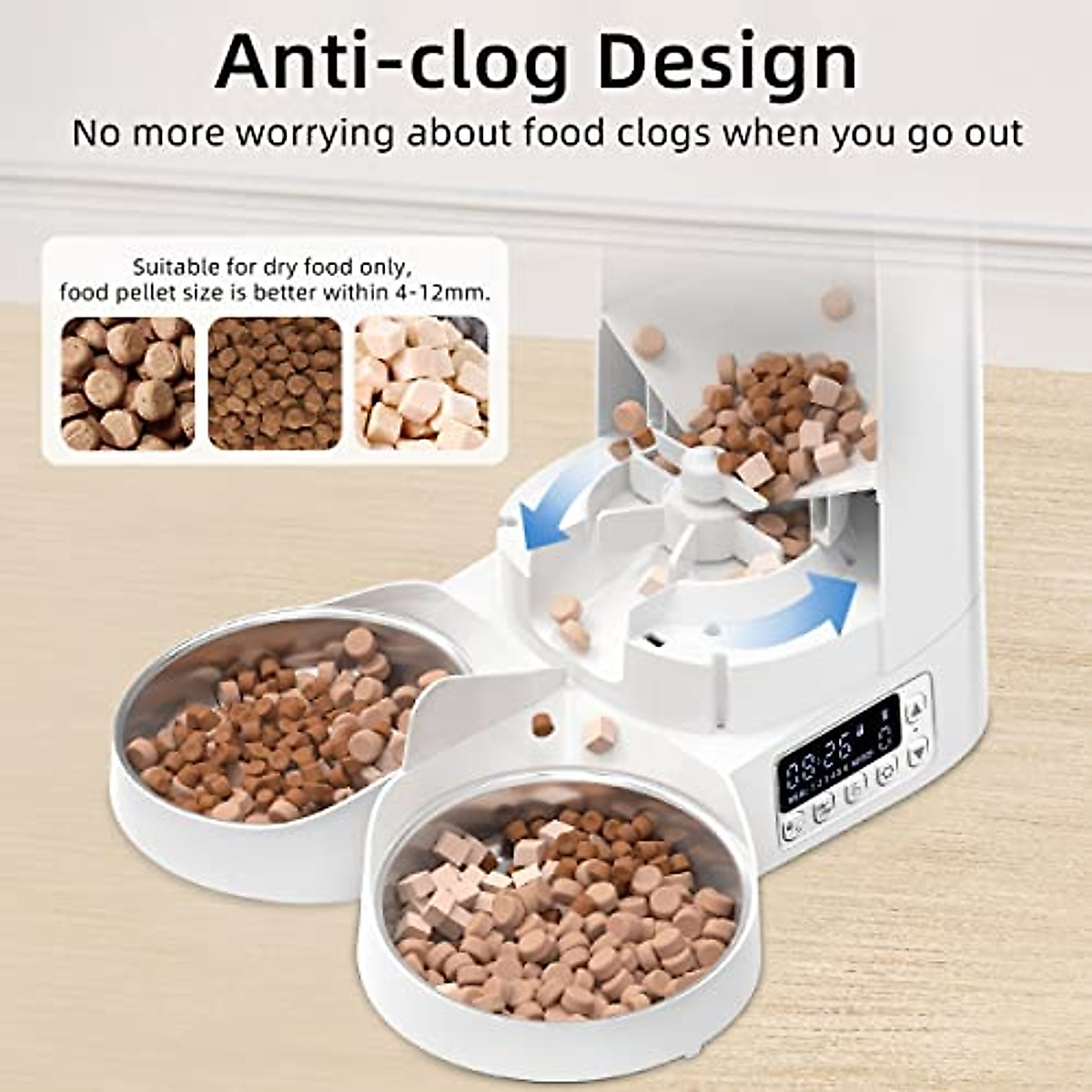 ROJECO Automatic Cat Feeders for 2 Cats, 4L Timed Cat Feeder Dog Dry Food Dispenser with Splitter and Desiccant Bag, Dual Power Supply and Low Food Alarms, 1-6 Meals and 1-60 Portion Smart Pet Feeders