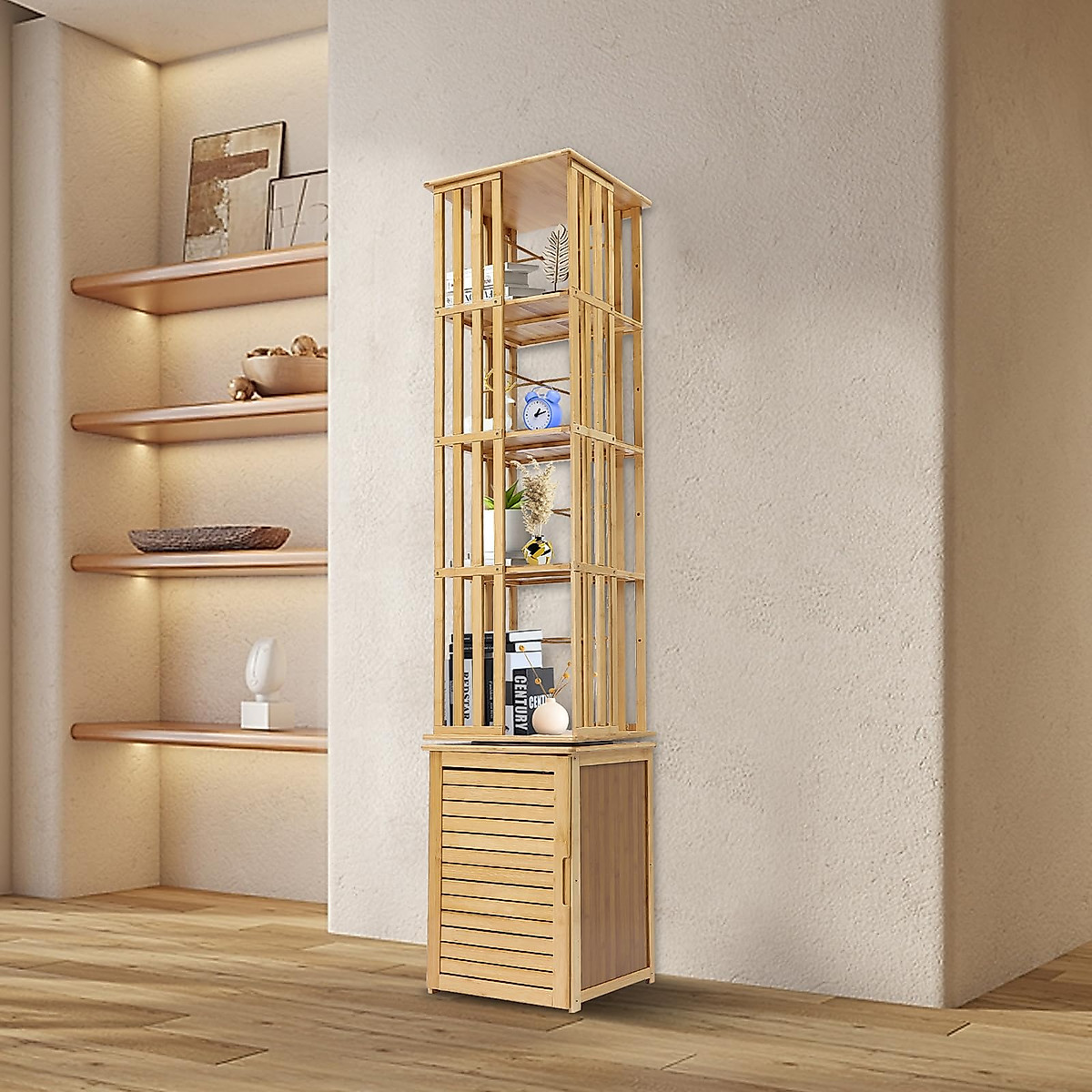 Veloqua Bookcase, Bookshelf Corner Bamboo Book Shelf 6-Tier 360° Rotating Storage Display Rack Narrow Bookshelf with Open Design Shelving Used in Office Bedroom Study Living Room Hallway (Burlywood)