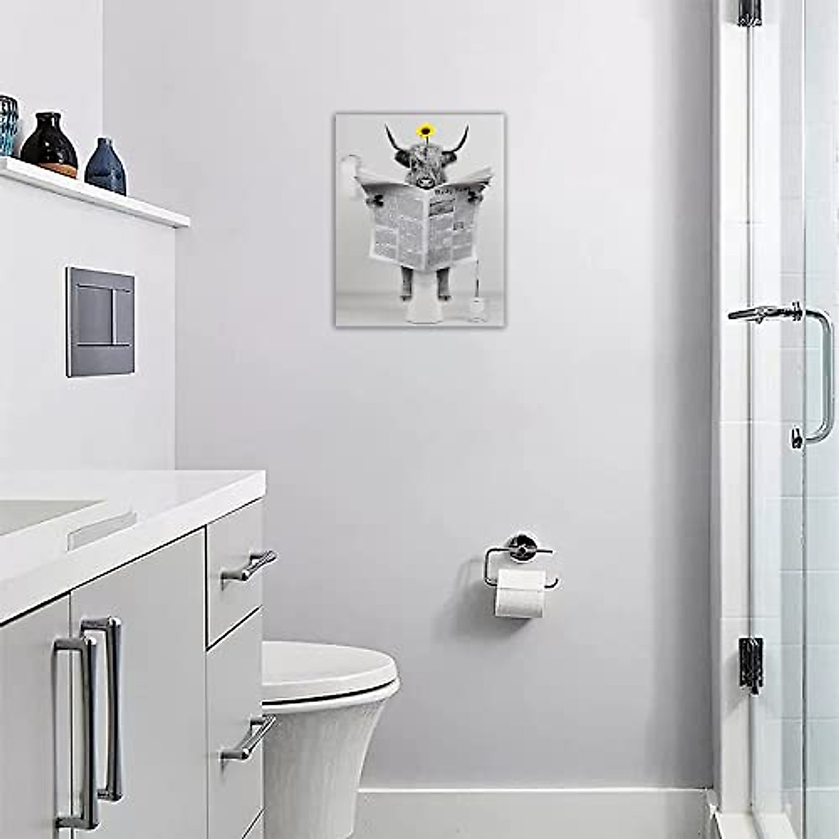 FOTRIC Highland Cow Reading Newspaper In Toilet Canvas Print Country Cow and Sunflower Wall Art Painting Bedroom Bathroom Framed Wall Decor (Wooden frame8''x10'',A)