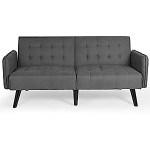 HFG 65in Modern Fabric Linen Upholstered Convertible 2 USB Folding Futon Couch Sofa Bed, Foldable Loveseat, Loveseats Furniture for Compact Small Space, Dorm, Living Room Apartment, Office, Dark Grey