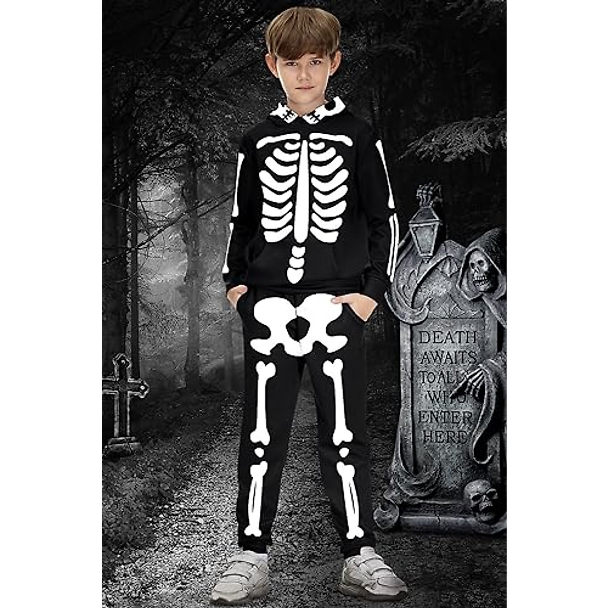 Kid Girls Skeleton Bone Hooded Sweatshirts Skull Halloween Pullover Hoodies for Boys 7-8 Years