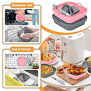 SelfTek 2Set Air Fryer Silicone Liners Pot Square, Reusable Air Fryer Basket Fit for 8QT 6QT, Foldable Baking Tray with Oven Mitts & Serving Tongs (3.8-9.5Qt)