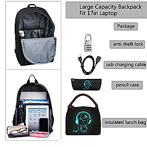 Lmeison Boys Backpack for School, Anime Cartoon Luminous Backpack with Lunch Box Pencil Case, Waterproof School Bookbag for Teen Girls, Laptop Backpack for Middle School High School, College, Black