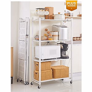 ALANNG Folding Storage Shelves with Wheels, Bookshelf with Storage, No Assembly Metal Rack Shelf for Kitchen, Office, Laundry, Garage (4 Tier, White)