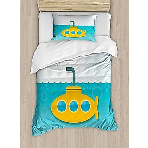 Ambesonne Yellow Submarine Duvet Cover Sets, Illustration of Submarine with Bubbles Below The Sea Pattern, Bedding Set with 2 Duvet Covers & 4 Pillowcases, 2 Pack King Size, Earth Yellow Pale Blue