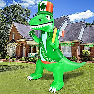 TURNMEON 8 Ft Tall 10 Ft Long Giant St. Patrick's Day Inflatable Decoration Outdoor, Blow Up Dinosaur Holding Irish Flag Shamrocks Hat Sash with LED Lights St Patrick Day Decorations Yard Garden Lawn