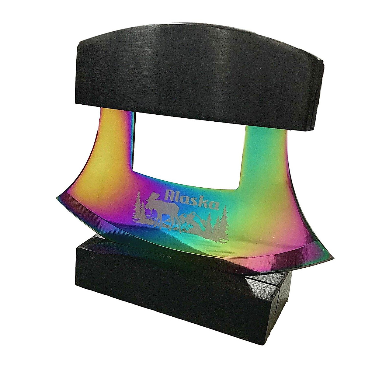 Alaska Alaskan Ulu Deep Dark Wood Handle Electroplated Blade Etched Moose Scene