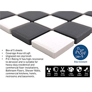 TDPW-UGBW1X1-400 Black Greyish Charcoal & White Checkered Unglazed Porcelain 7/8 Inch Square Mosaic Tile for Bathroom Floors, Walls, Kitchen Backsplash and Pool (Not Peel and Stick) - Box of 5 Sheets