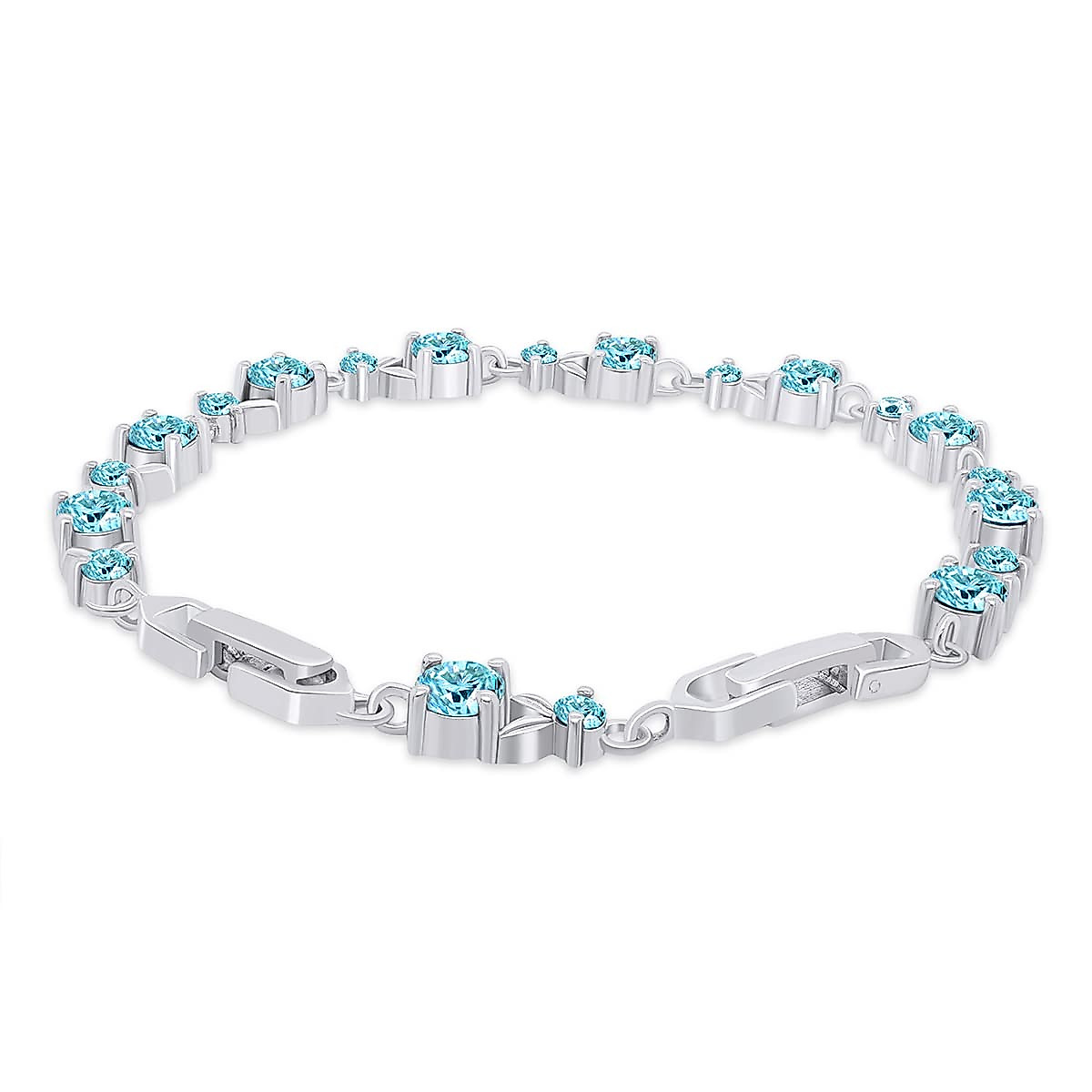 AFFY 14k White Gold Over Sterling Silver Leaf Shape Tennis Bracelet Round Shape Simulated Aquamarine 7.25"