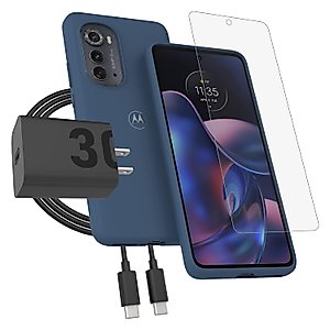 Motorola Edge (2022) Soft Protective Dusk Blue Case + 9H Glass Screen Protector + TurboPower 30W Charger and 3.3ft USB-C Cable Bundle (Not for Edge+ (Plus) 2022)