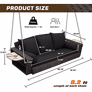 Grepatio Wicker Hanging Porch Swing - Outdoor 3 Person Patio Swing Bench with Cushion & Chains - 3-Seat Porch Swing Chair with Cup Holder for Garden, Yard, Lawn (Grey)