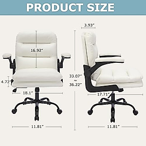 VECELO Ergonomic Swivel Office Desk Chair with Flip-up Armrest and Adjustable Height, Lumbar Support & PU Leather Thickened Cushion, for Computer Task Work, White