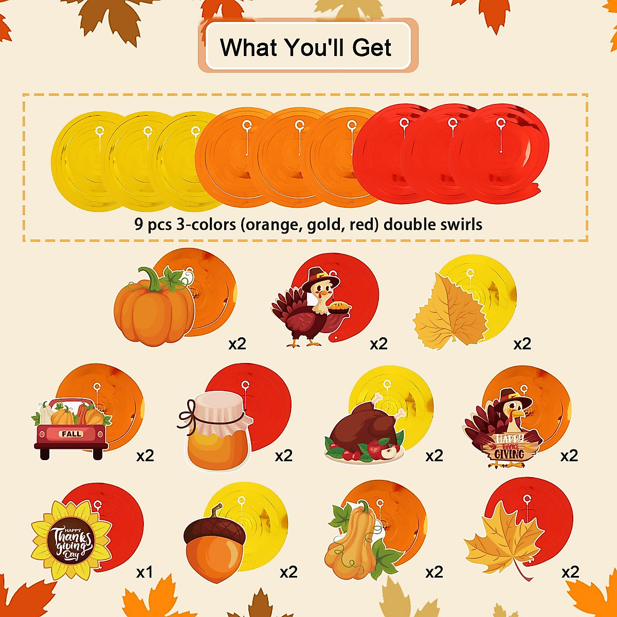 DERAYEE 30Pcs Thanksgiving Party Hanging Decorations, Thansgiving Hanging Swirls Maple Leaves Turkey Pumpkin Foil Ceiling Swirls for Home Office Classroom Autumn Harvest Decor