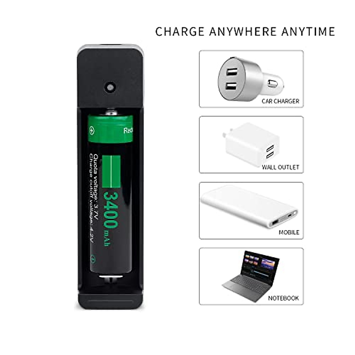 MUSIBEAUTY Universal 18650 Charger Battery with Rechargeable Battery 3.7V 3400mAh (4 Pack) for Doorbells, Flashlights, Headlamps, Cameras, Toys, and Remote Controls