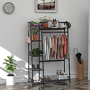 WTZ Clothes Rack, Bamboo Garment Rack with Shelves, Clothing Rack for Hanging Clothes, Freestanding Closet Organizer for Living Room Bedroom Entryway Bathroom Office, CR-538 Black