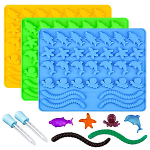 Gummy Molds Hard Candy Molds - Candy Molds Silicone Including Worms, Starfishs, Dolphins, Octopus, Sharks Sea Mold BPA Free, Pinch Test Approved Pack of 3 Ocean Molds