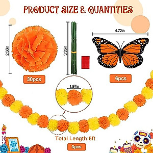 Day of The Dead Decorations Set of 3 Artificial Marigold Garland,30 Marigold Flowers with Stem,6 Butterfly,Dia de Los Muertos Decorations for Halloween Diwali Indian Party