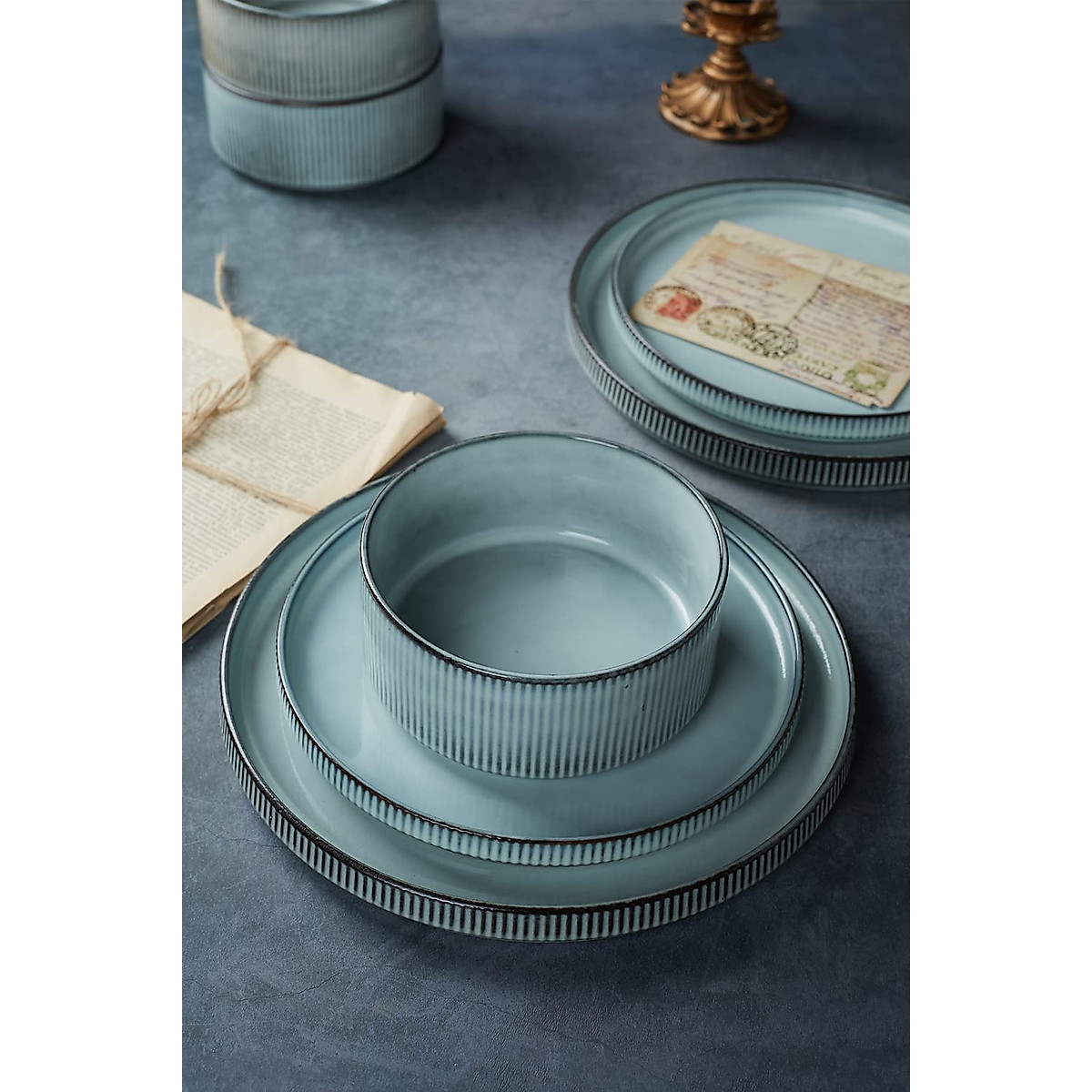 Famiware Star Dinnerware Sets, Plates and Bowls Set For 4, 12 Piece Dish Set, Smoky Blue