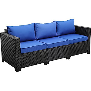 Outdoor Wicker Sofa Patio Rattan Garden Conversation Couch Furniture with Royal Blue Anti-Slip Cushions and Furniture Cover
