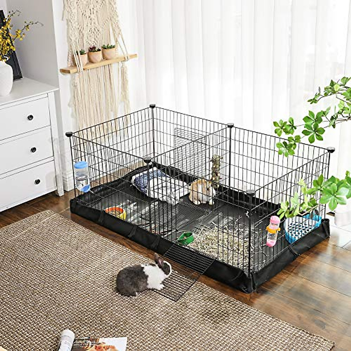 SONGMICS Pet Playpen, Small Animal Cage, Exercise Pen and Enclosure with Divider Panel for 2 Separate Spaces, Floor Mat and 3 Doors, 48.4 x 24.8 x 18.1 Inches, Black ULPI07H