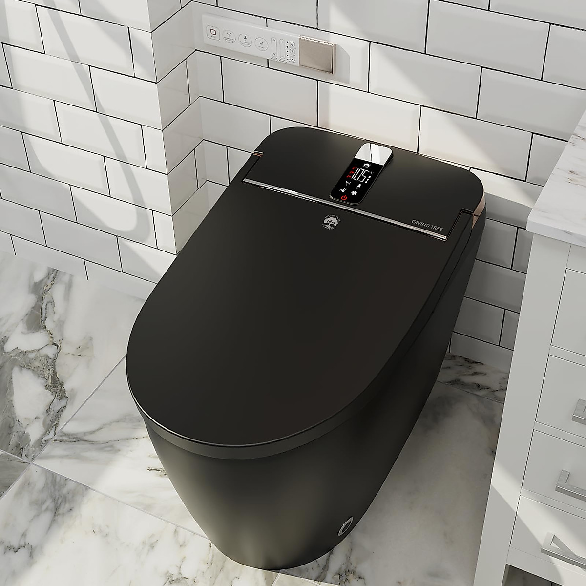 GIVINGTREE Black Smart Toilet with Auto Open Lid and Auto Flush, Modern Smart Tankless Instant Heating Toilet with Bidet Built in, Wireless RemoteControl and Smart Knob.
